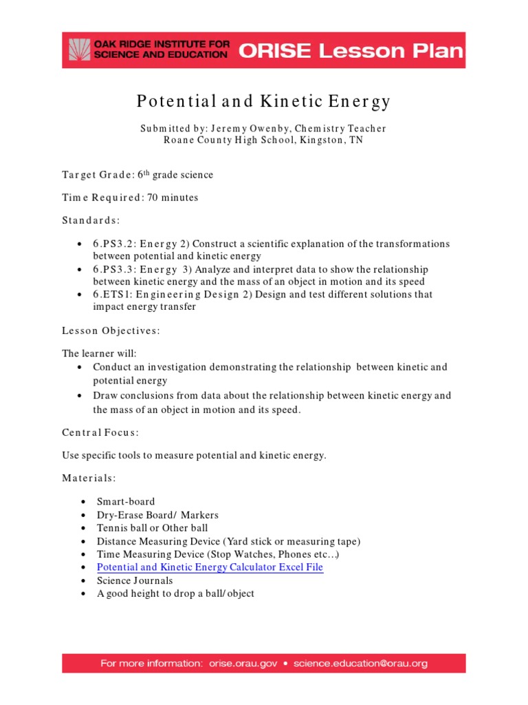 Lesson Plan Kinetic Energy 2 | PDF | Kinetic Energy | Potential Energy