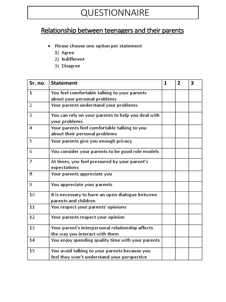 Questionnaire: Relationship Between Teenagers and Their Parents | PDF