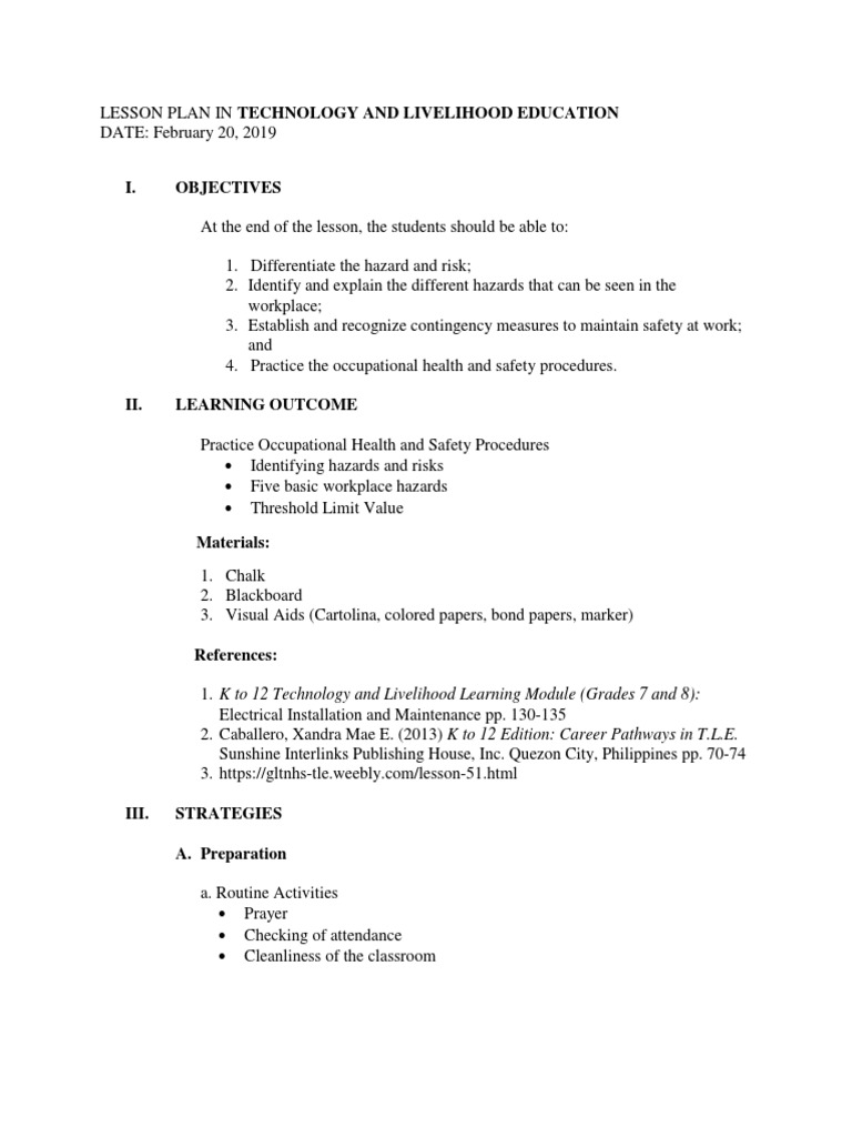 Lesson Plan in Identifying Hazards and Risks | PDF | Hazards ...