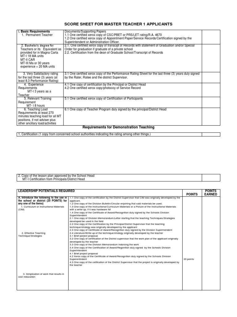 Score Sheet For Master Teacher 1 Applicants: Requirements For ...