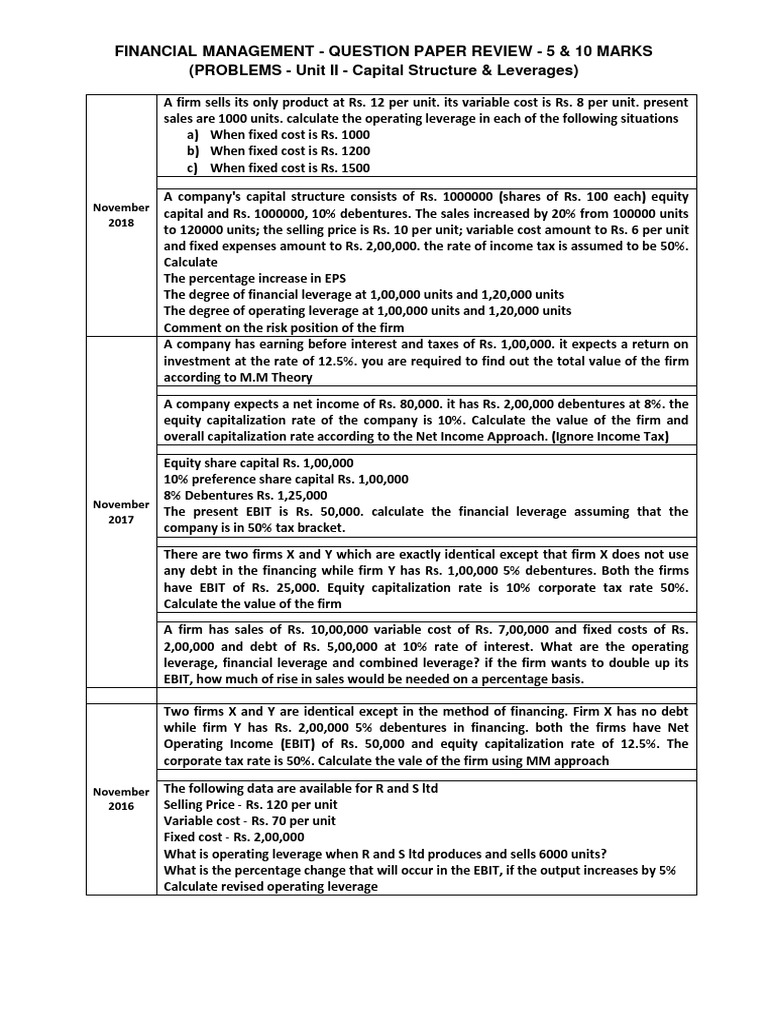 Financial Management - Question Paper Review - 5 & 10 Marks (PROBLEMS ...
