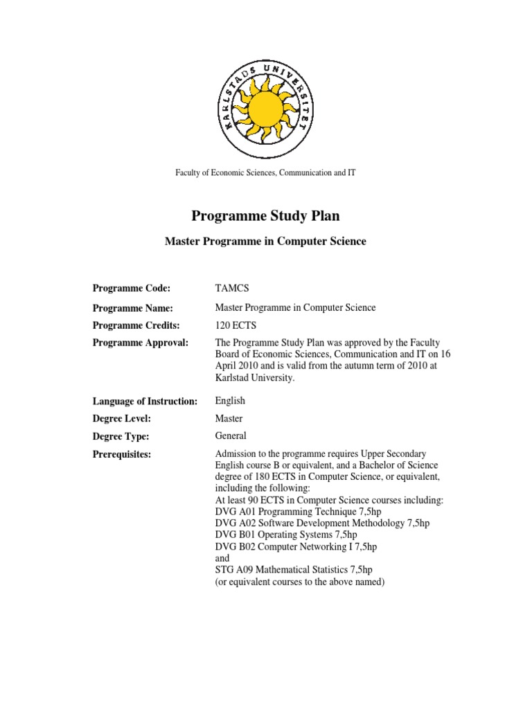 Programme Study Plan: Master Programme in Computer Science | PDF ...