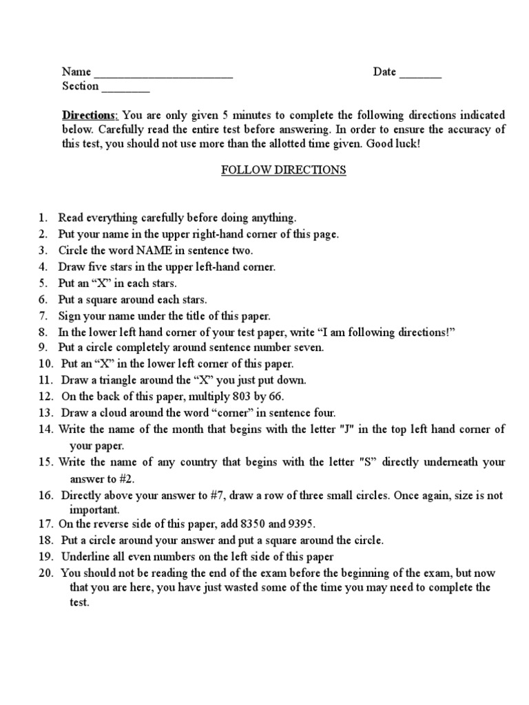 Directions: You Are Only Given 5 Minutes To Complete The Following ...