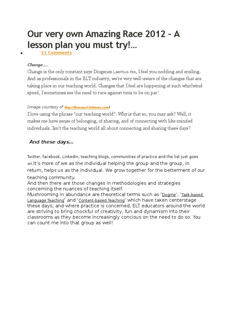 Amazing Race Lesson Plan for ELT | PDF | English As A Second Or Foreign ...