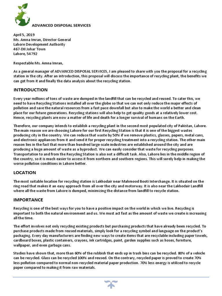 Proposal To A Waste Treatment Plant | PDF | Recycling | Waste Management