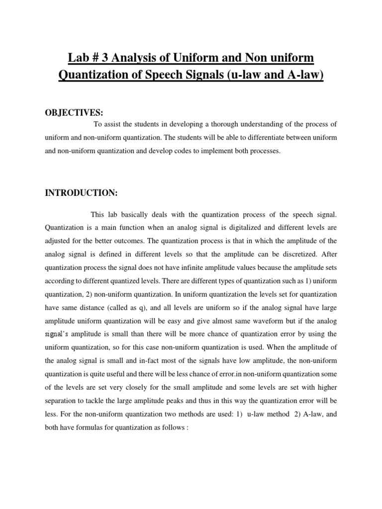 Lab # 3 Analysis of Uniform and Non Uniform Quantization of Speech ...