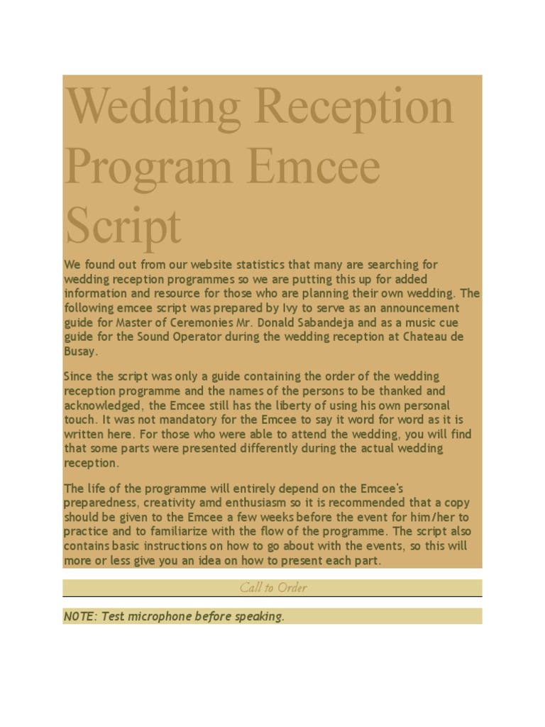 Wedding Reception Program Emcee Script: Call To Order | PDF | Wedding ...