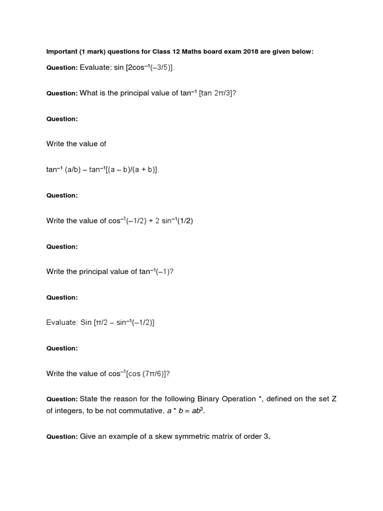 Math 1 Marks For Class 12 | PDF | Matrix Theory | Matrix (Mathematics)