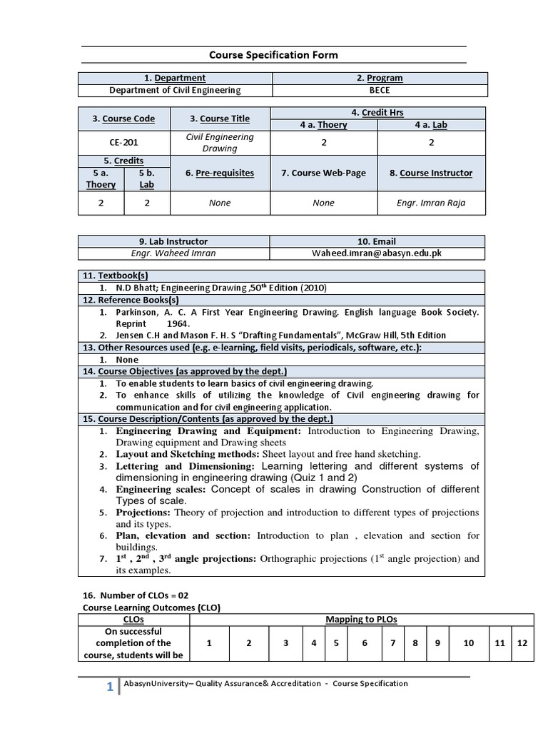 CE210-CED - Course Spec Form | PDF | Engineering | Drawing