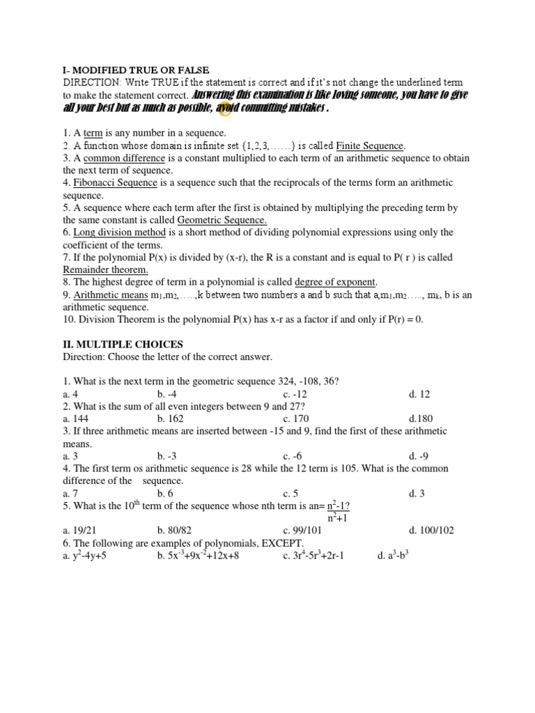 I-Modified True or False: Ii. Multiple Choices | PDF | Polynomial | Sequence