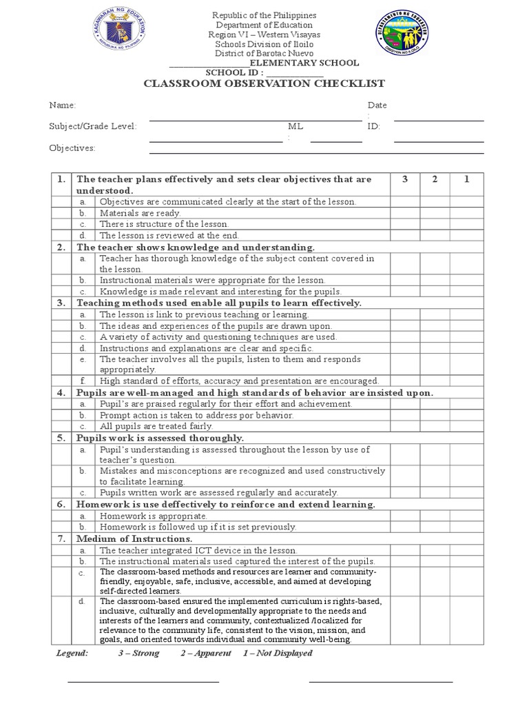 Classroom Observation Checklist: - ELEMENTARY SCHOOL SCHOOL ID | PDF ...