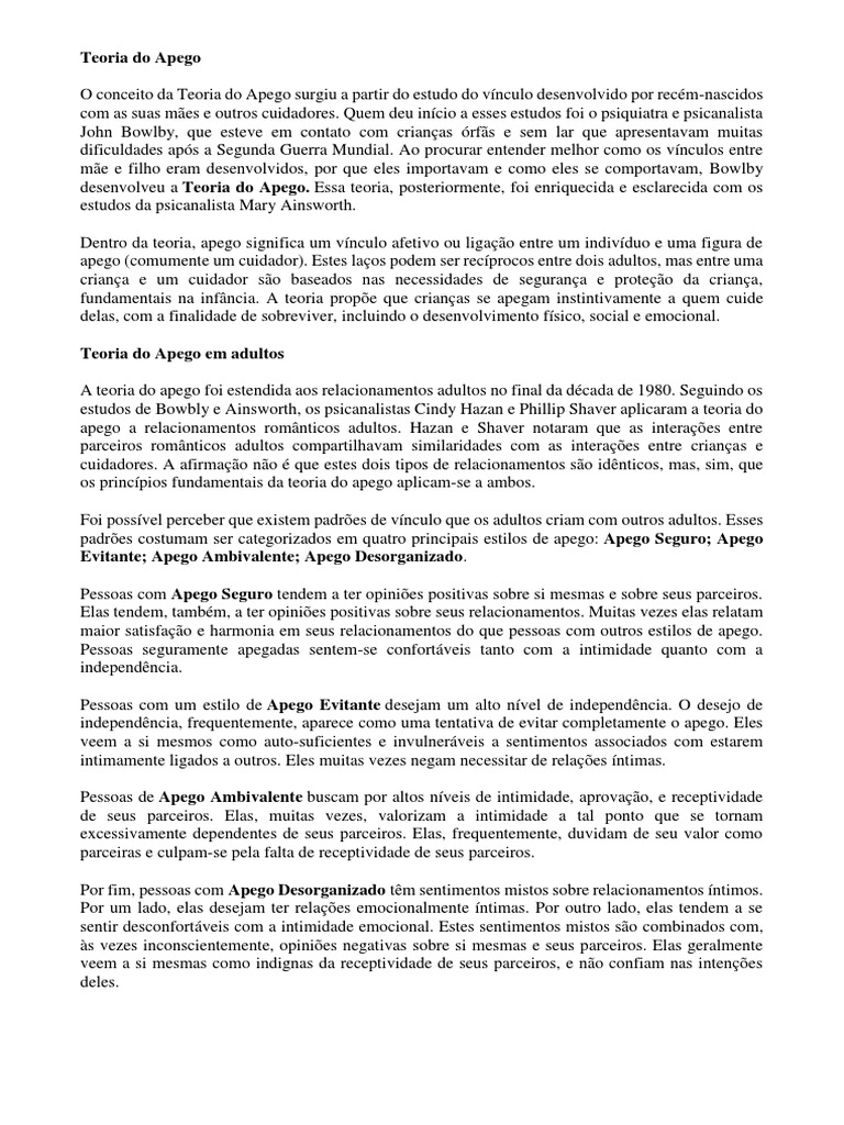 Teoria Do Apego | PDF | Teoria do Apego | Ciências comportamentais