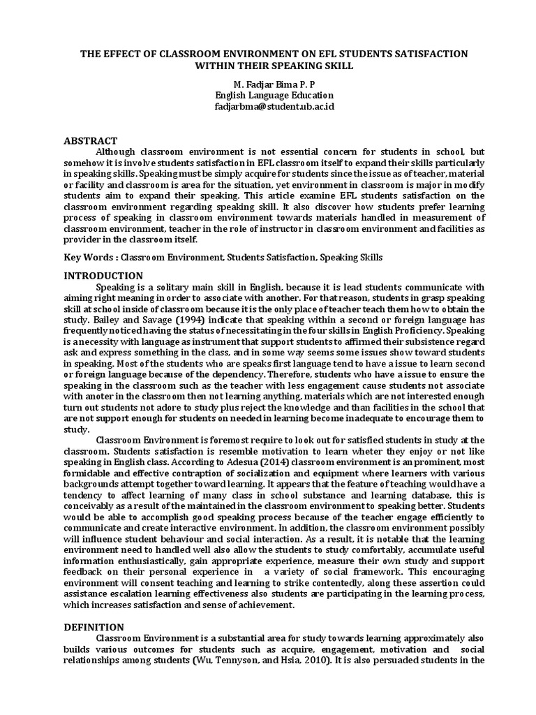 Classroom Environment and Students Satisfaction in Speaking Abiity ...