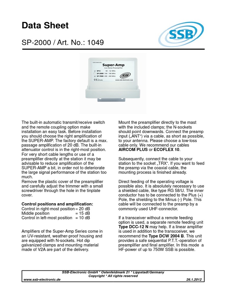 Data Sheet: SP-2000 / Art. No.: 1049 | PDF | Coaxial Cable | Amplifier