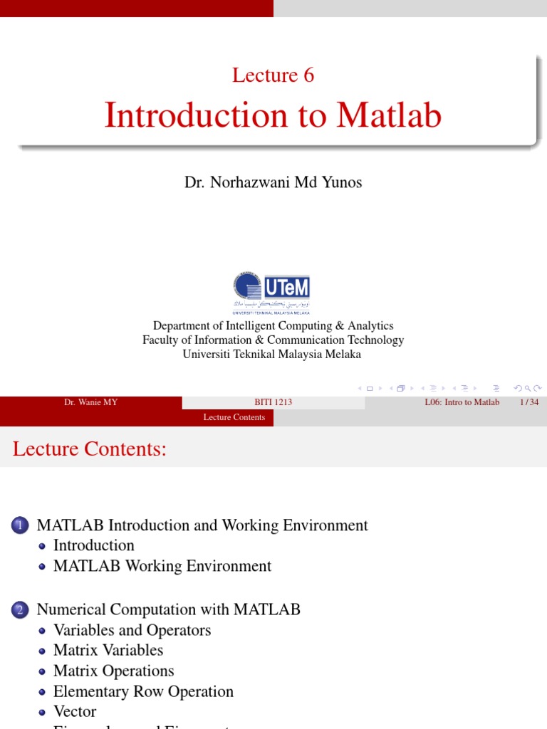 Introduction To Matlab: Dr. Norhazwani MD Yunos | PDF | Matrix ...