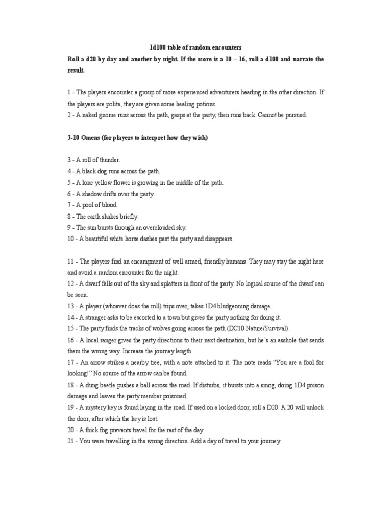 1d100 Table of Random Encounters | PDF | Leisure | Nature