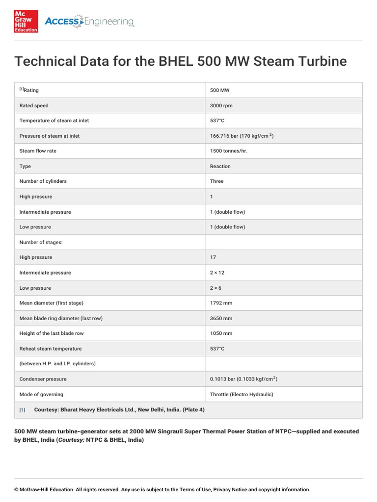 Technical Data For The Bhel 500 MW Steam Turbine | PDF | Turbine | Gas ...