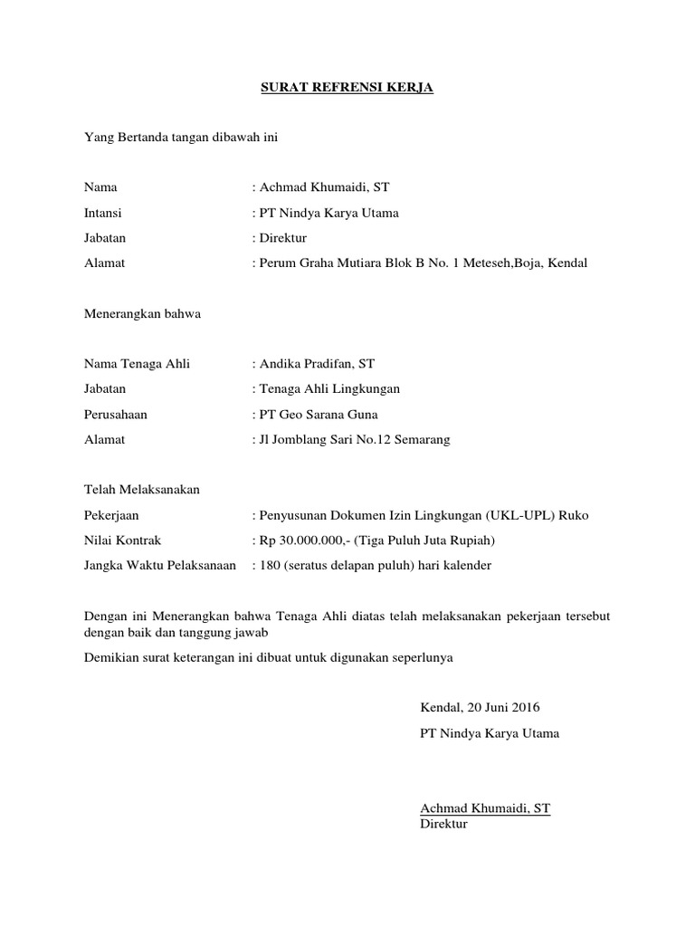 Surat Refrensi Kerja | PDF
