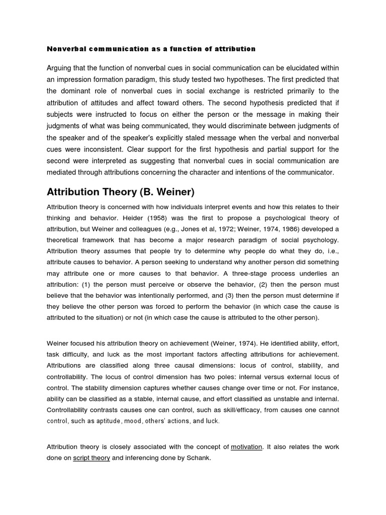 Attribution Theory (B. Weiner) : Nonverbal Communication As A Function ...