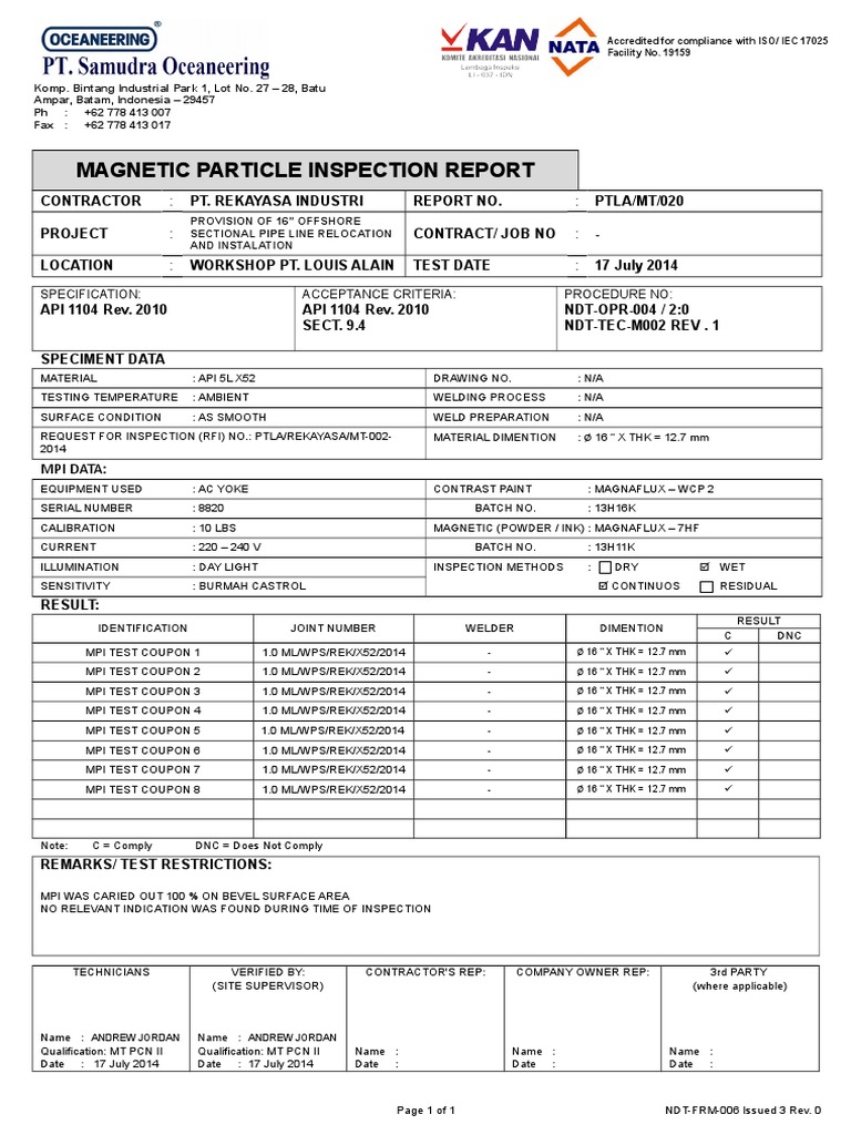 Sample Magnetic Particle Inspection Report | PDF | Welding | Construction