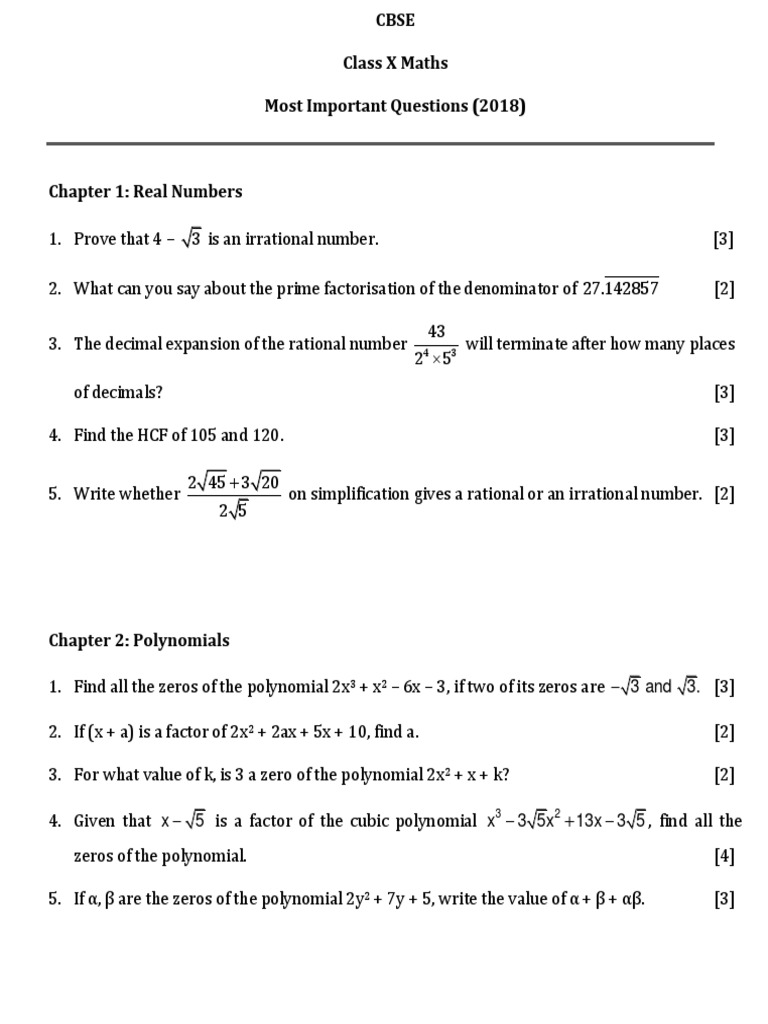 Cbse Class X Maths Most Important Questions (2018) | PDF | Circle | Area