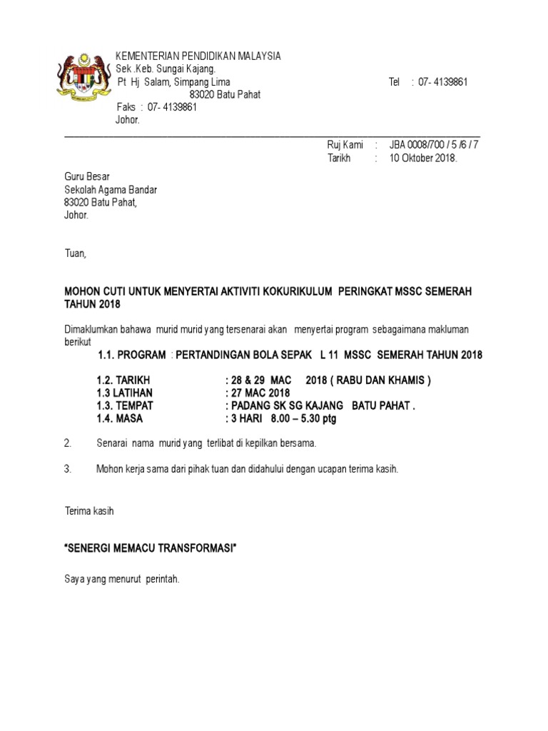 Contoh Surat Mohon Cuti Sekolah Agama Johor | PDF