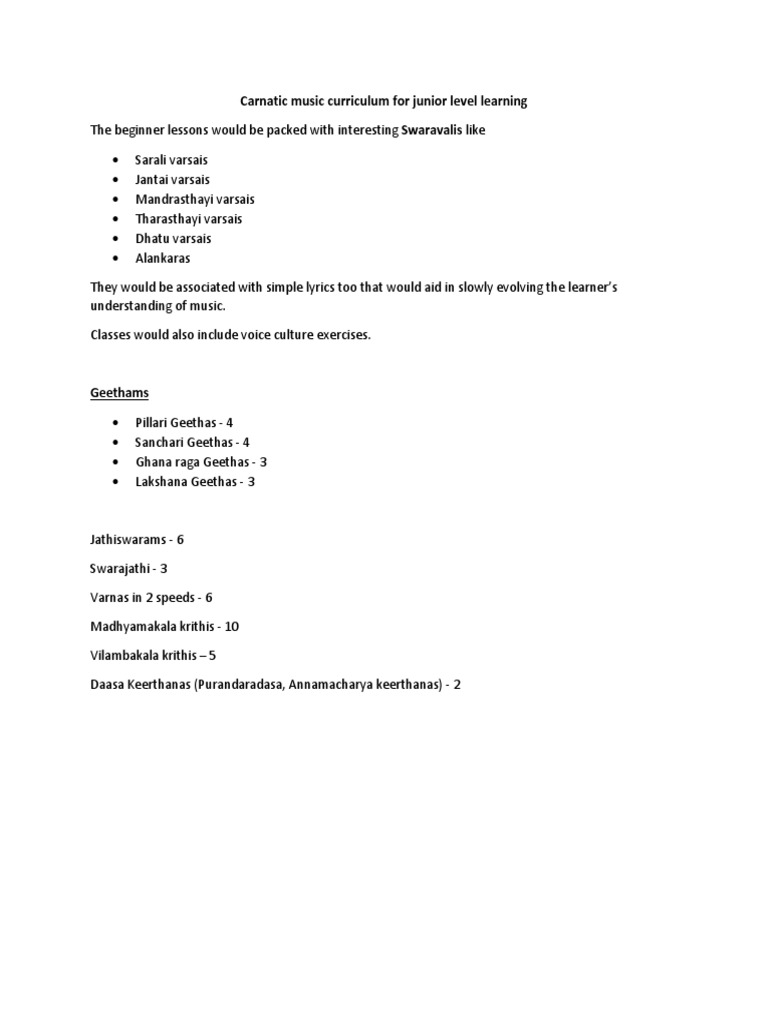 Carnatic Music Curriculum For Junior Level Learning | PDF