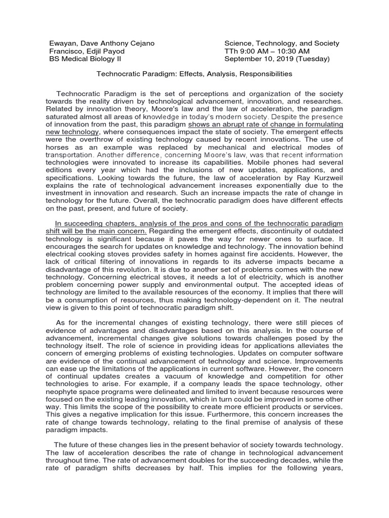 Science Technology and Society - Critique Paper For Technocratic ...