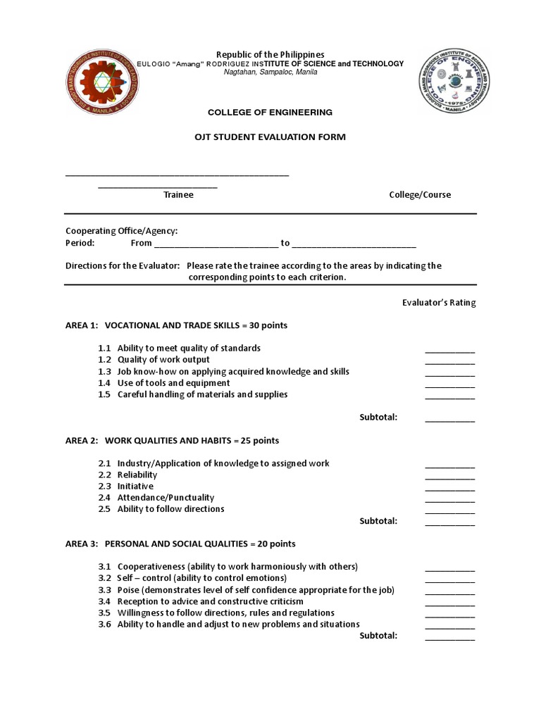 OJT Student Evaluation Form Template | PDF | Learning | Cognition