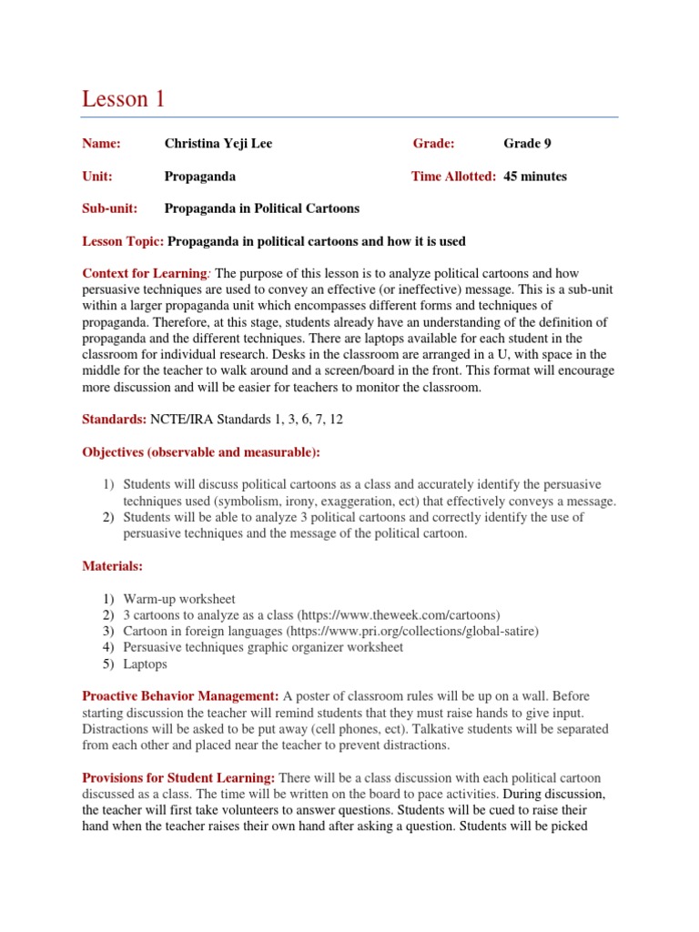 Unit Lesson - Propaganda in Political Cartoons | PDF | Classroom | Homework