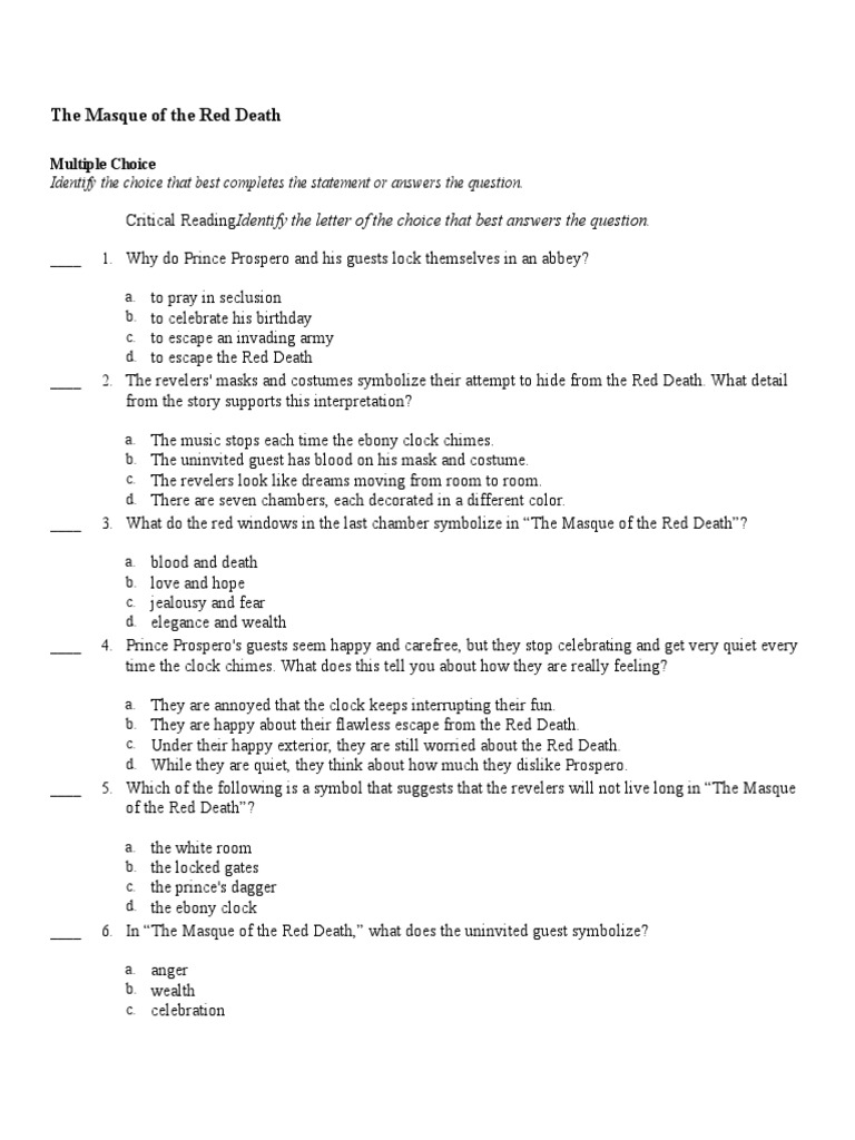 The Masque of The Red Death Quiz | PDF