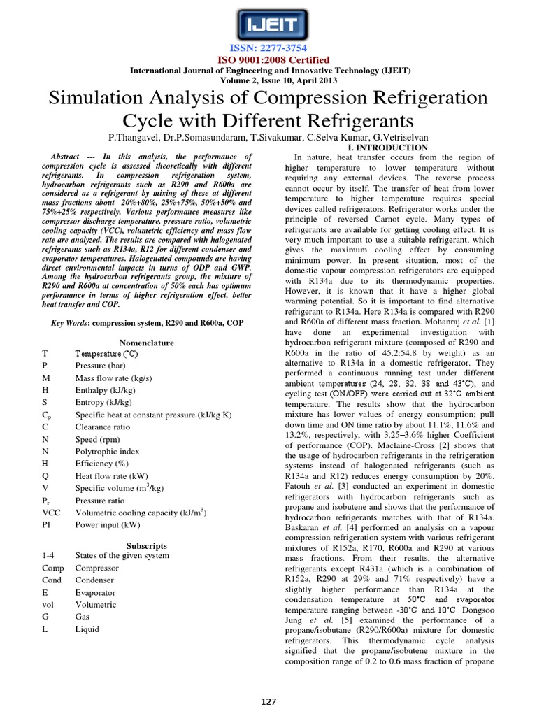 Simulation Analysis of Compression Refrigeration Cycle With Different ...