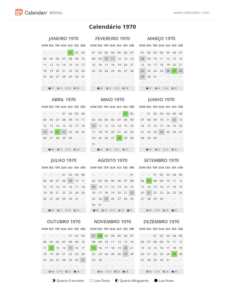Calendário Completo de 1970 | PDF | Páscoa | Natal