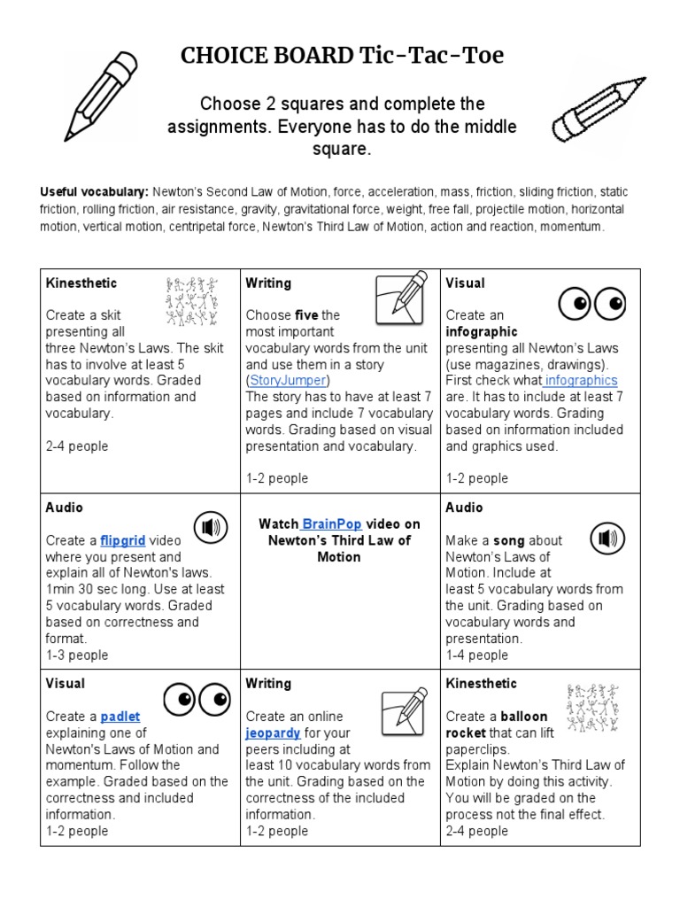 Choice Board 2 | PDF | Newton's Laws Of Motion | Friction