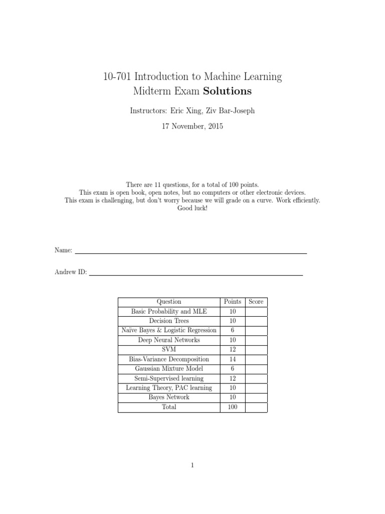Midterm Solutions For Machine Learning | PDF | Statistical Classification | Bayesian Network