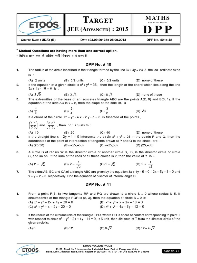 Target Maths Daily Practice Problems JEE (Advanced) 2015 DPP 40-42 ...