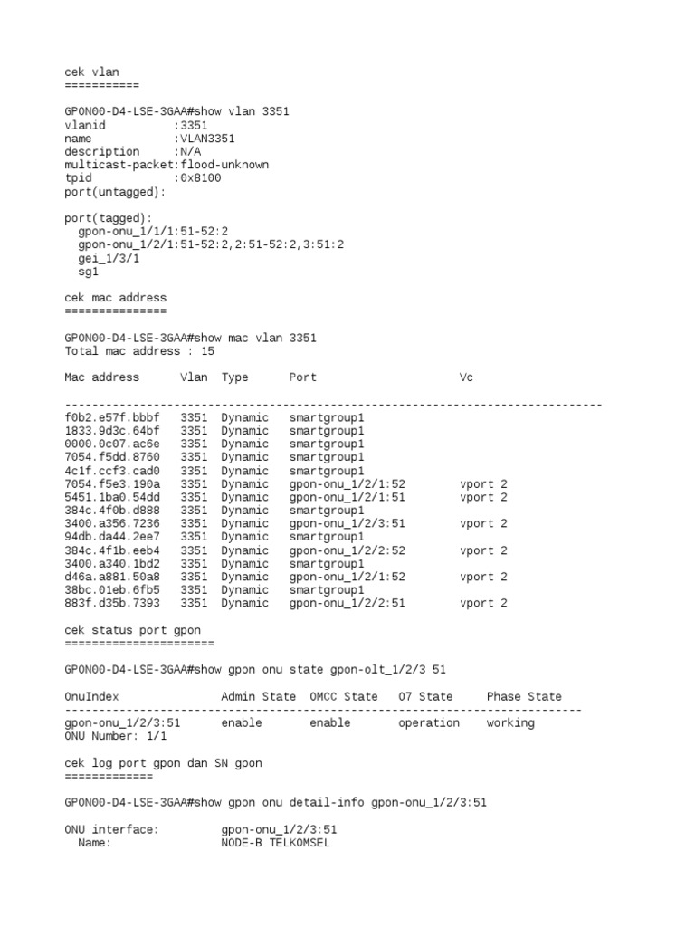 Check VLAN, MAC address, port status, and configuration on GPON OLT ...