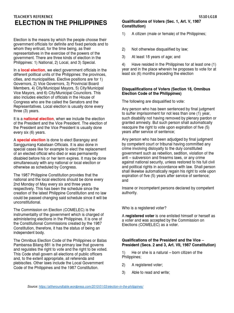 Election in The Philippines Techer Reference SS10 LG18 | PDF ...