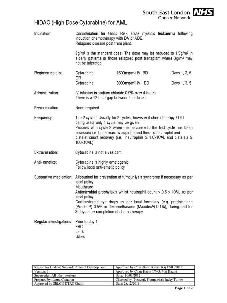 AML HiDAC Protocol v1.0 PDF | PDF | Chemotherapy | Medical Specialties