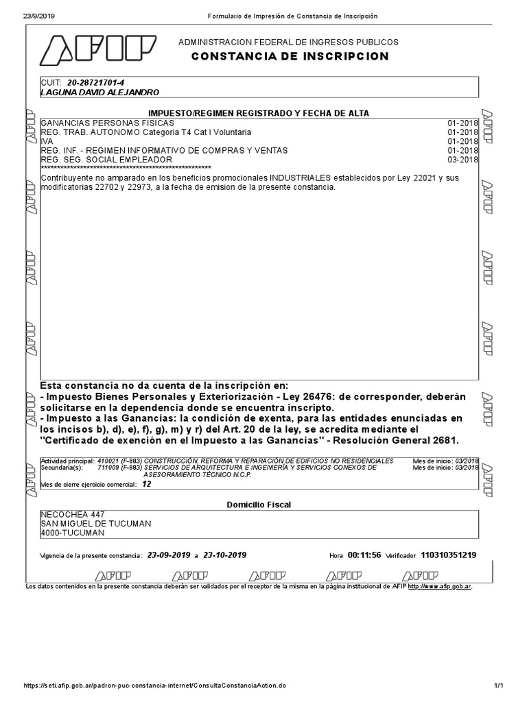 Constancia de Inscripción AFIP | PDF | Impuesto sobre la renta | Gobierno