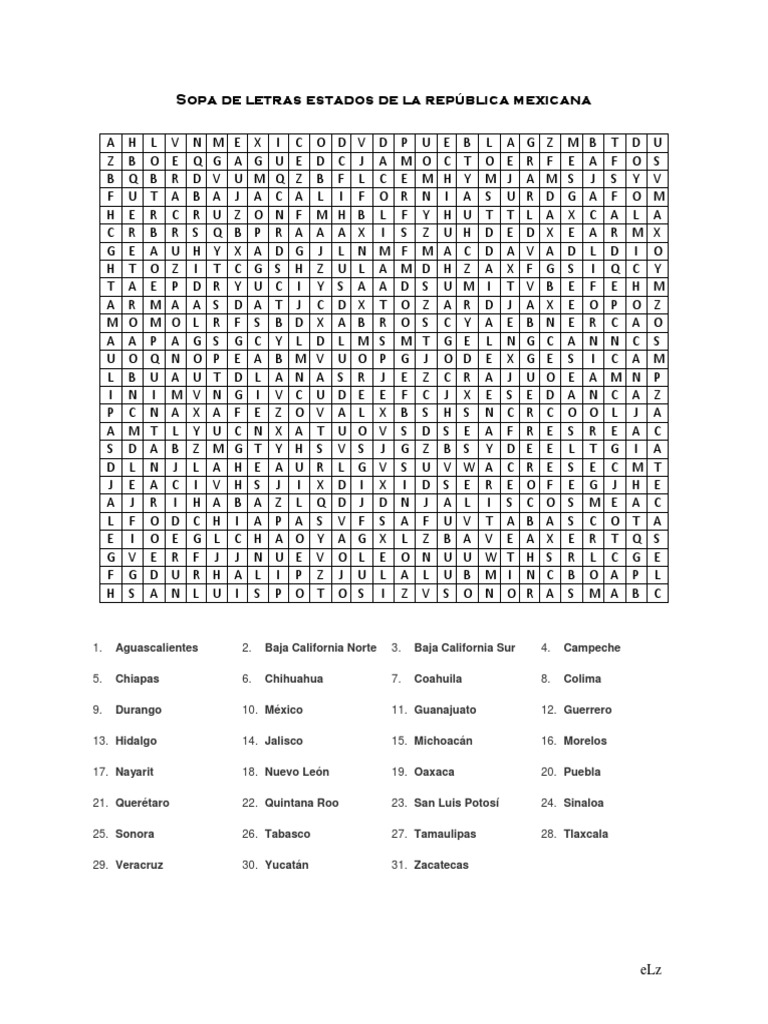 Sopa de Letras Estados de La República Mexicana | PDF | Clima | Deportes