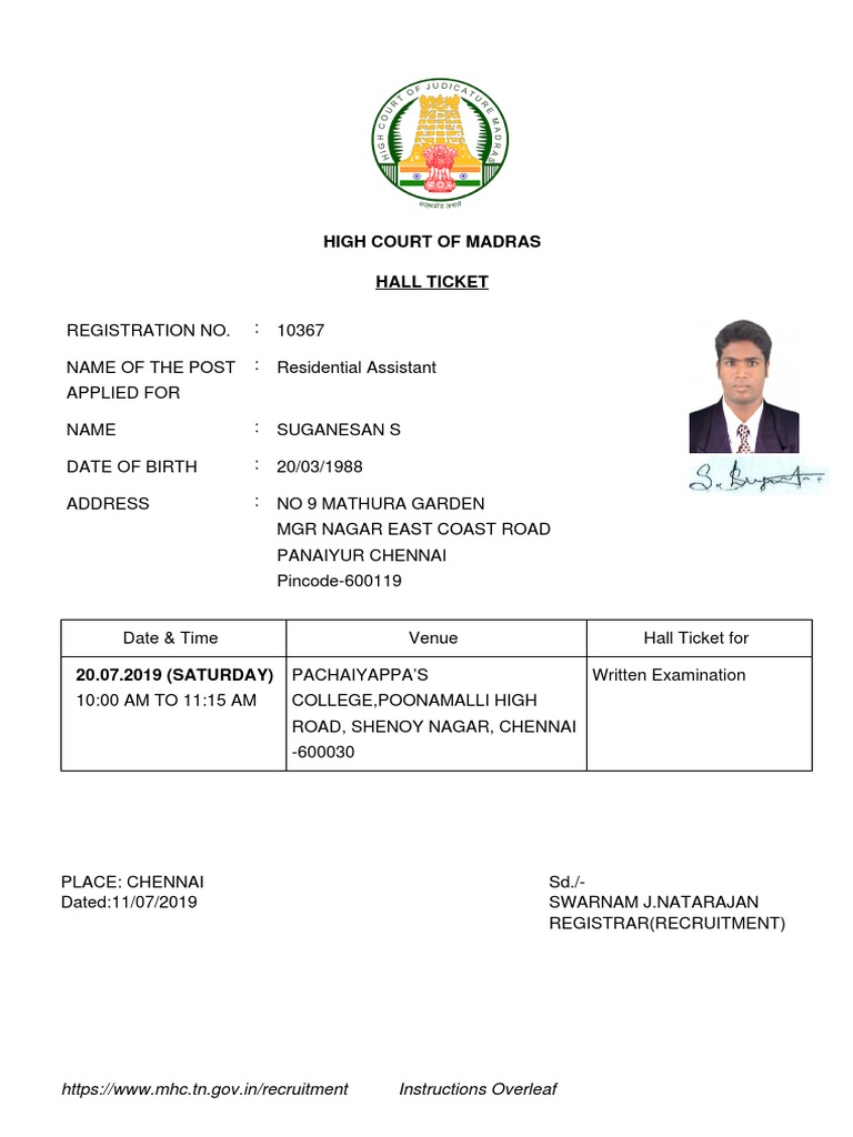 High Court of Madras Hall Ticket: Instructions Overleaf | PDF | Government