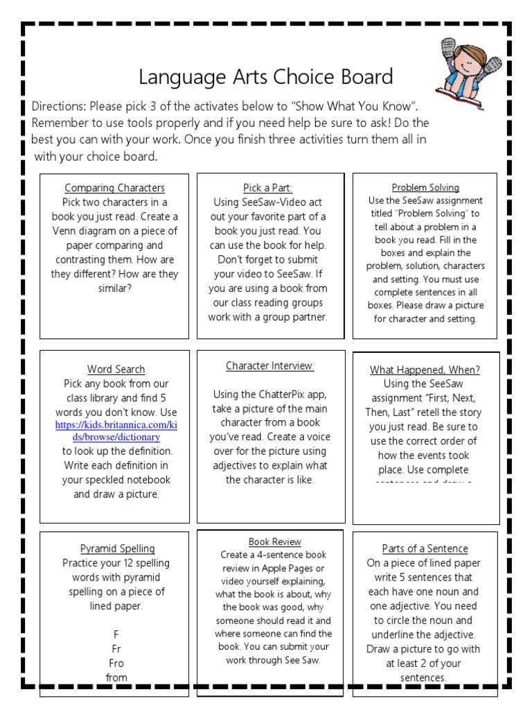 Language Arts Choice Board | PDF | Books | Linguistics
