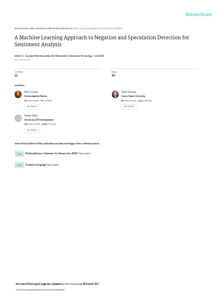 Machine Learning for Sentiment Analysis | PDF | Statistical Classification | Parsing