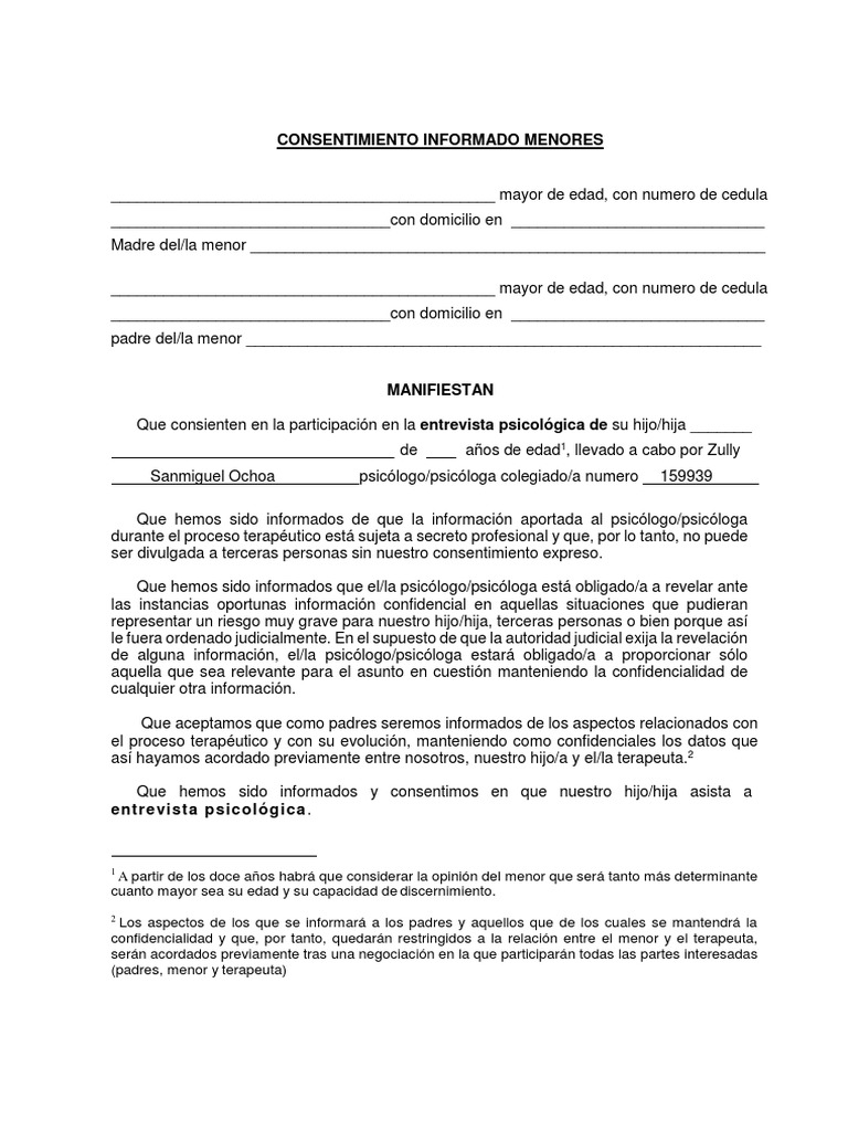 Consentimiento Informado para Menores de Edad | PDF | Psicólogo ...