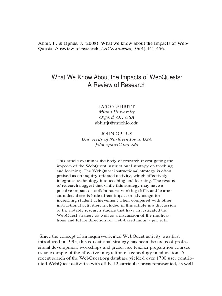 What We Know About The Impacts of WebQuests A Review of Research | PDF ...