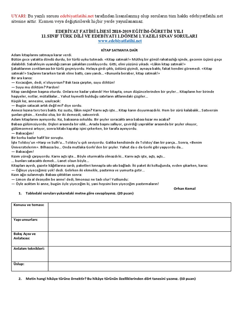 11.sinif Edebiyat 1.donem 1.yazili Klasik Blog-2018-2019 | PDF