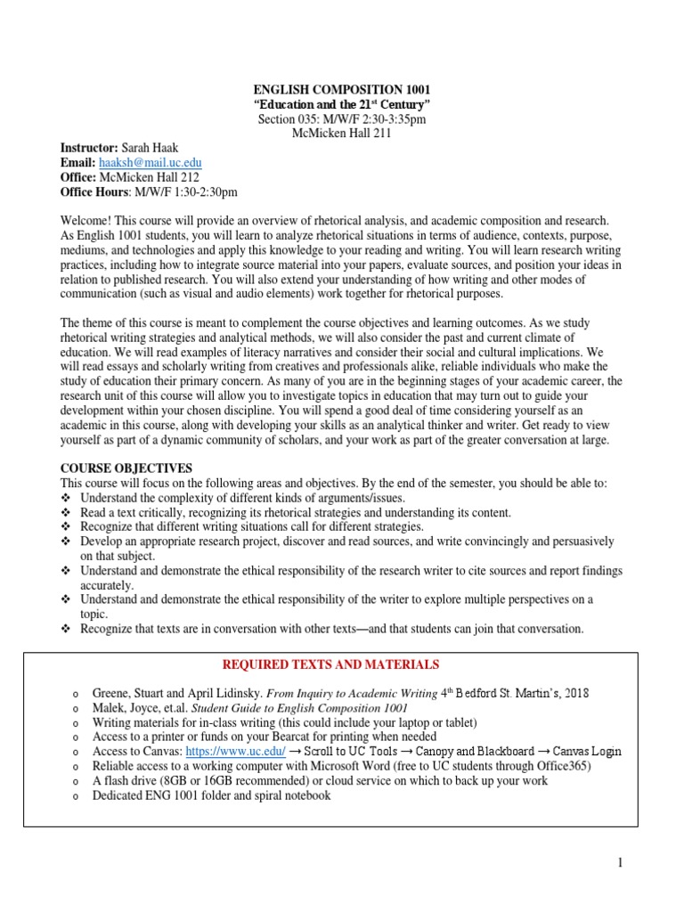 English Composition 1001 Course Overview | PDF | Plagiarism | Homework