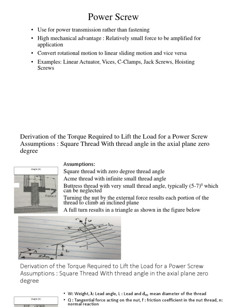 Power Screw Torque Derivation and Efficiency | PDF | Screw | Nut (Hardware)