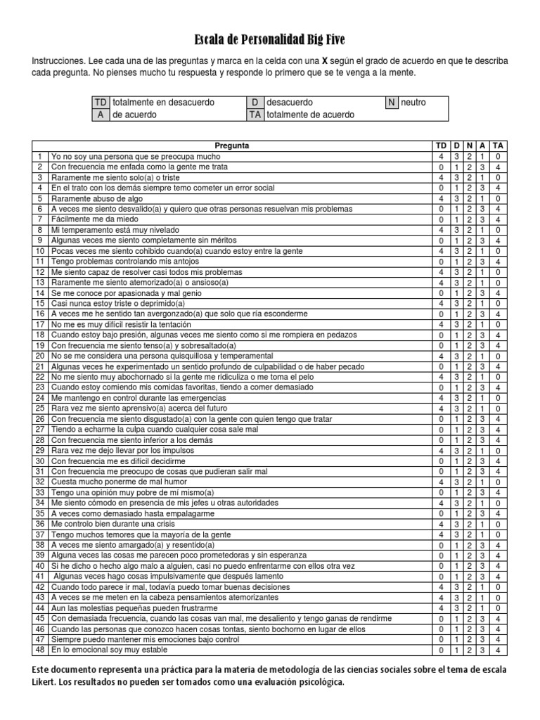 Escala de Personalidad Big Five | PDF | Sicología | Ciencias del ...